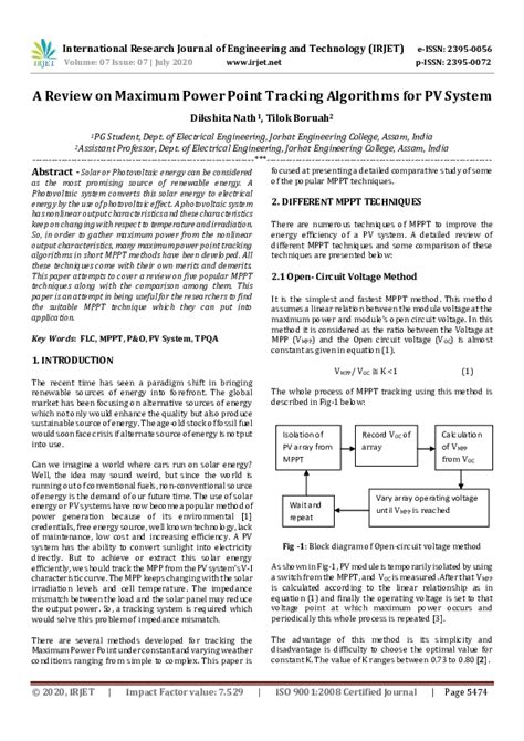 Pdf Irjet A Review On Maximum Power Point Tracking Algorithms For Pv System