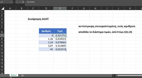 Συνάρτηση Acot Excel