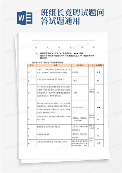 班组长竞聘试题问答试题通用Word模板下载 编号lydvxrmb 熊猫办公