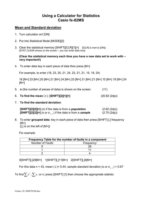 casio fx 82ms for mean standard deviation correlation and