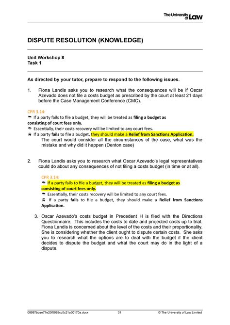 DR 2223 Dis Ws08 Ce02 Task 01 DISPUTE RESOLUTION KNOWLEDGE Unit Workshop 8 Task 1 As