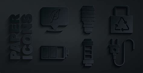 배터리 재활용 종이 봉지 전기 플러그 Led 전구 및 위치 리프 아이콘을 설정합니다 벡터 3차원 형태에 대한 스톡 벡터 아트 및 기타 이미지 Istock