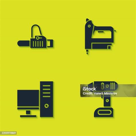 세트 전기 톱 전기 무선 드라이버 컴퓨터 모니터 및 건설 스테이플러 아이콘 벡터 건설 기계류에 대한 스톡 벡터 아트 및 기타 이미지 건설 기계류 건설 산업 건축하기