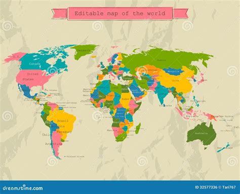Editable World Map With All Countries Stock Vector Illustration Of Background Earth 32577336
