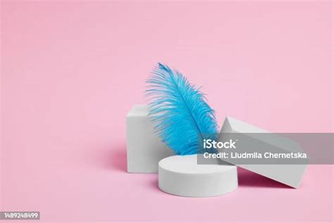 제품 프레젠테이션을 위한 장면입니다 다양한 기하학적 모양의 연단과 분홍색 배경에 장식된 깃털 텍스트를 위한 공간 0명에 대한 스톡 사진 및 기타 이미지 Istock