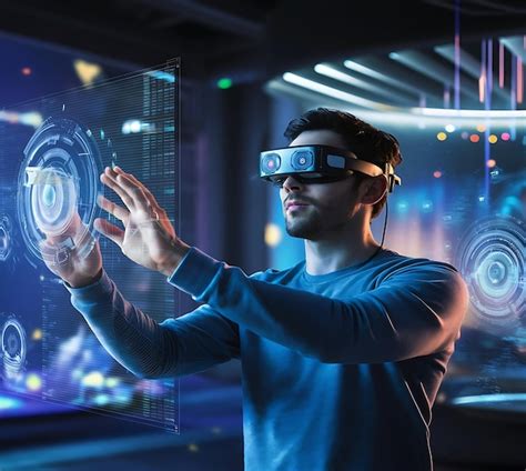 Futuristic Virtual Reality Concept Vr And Ar Technologies A Man In Glasses Premium Ai