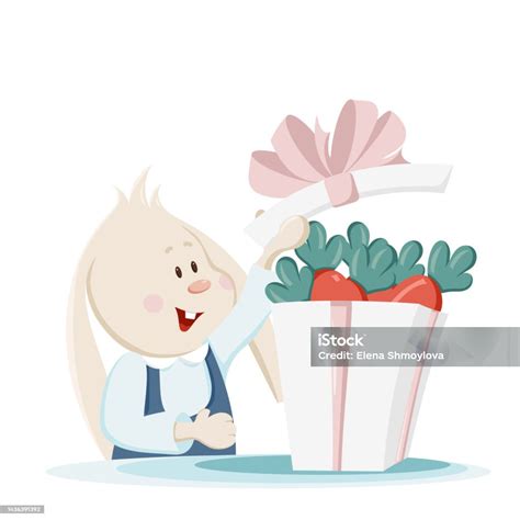 귀여운 토끼는 리본으로 선물 상자를 엽니 다 선물로 당근 크리스마스 새해 및 부활절 다채로운 벡터 일러스트레이션 만화 스타일의 토끼 컬렉션 유머 12월 31일에 대한 스톡