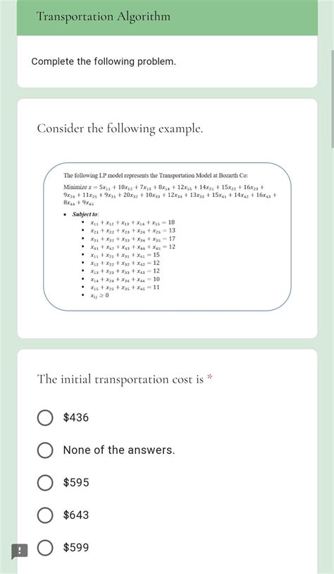 Solved Transportation Algorithm Complete The Following
