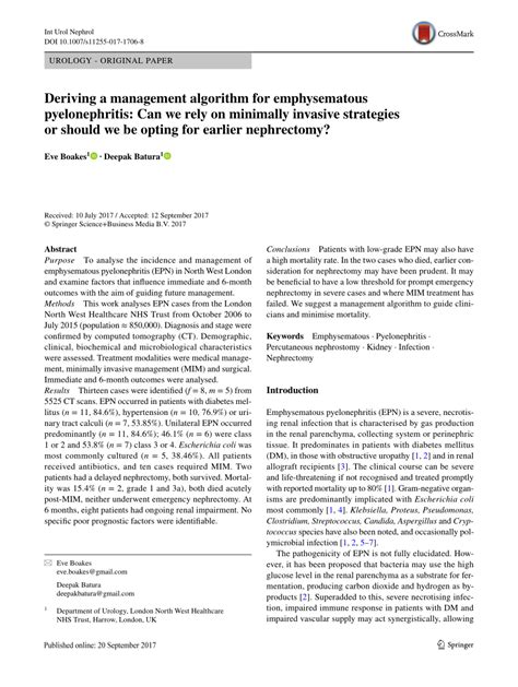 Pdf Deriving A Management Algorithm For Emphysematous Pyelonephritis Can We Rely On Minimally