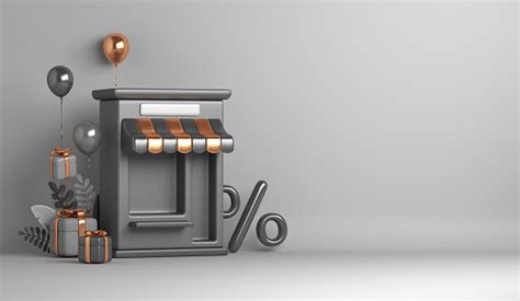 키오스크 풍선 선물 상자 복사 공간 텍스트 3d 렌더링 일러스트와 블랙 프라이데이 판매 배경 3차원 형태에 대한 스톡 사진 및 기타 이미지 Istock