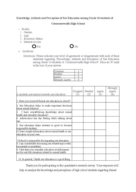 Questionnaire Knowledge Attitude And Perception Of Sex Education