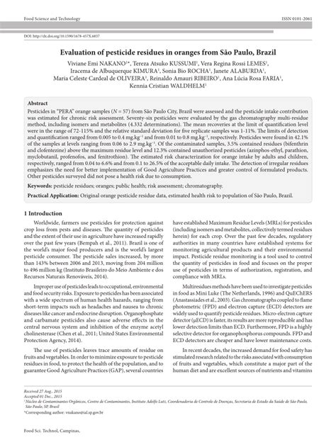 Pdf Evaluation Of Pesticide Residues In Oranges From São Paulo Brazil