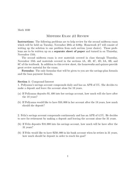 Midterm Exam 2 Review Introduction To Quantitative Reasoning Math 1030 Docsity