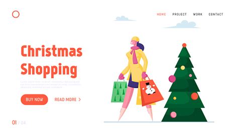 겨울 휴일 쇼핑 및 크리스마스와 새해 축하 웹 사이트 방문 페이지에 대한 준비 장식 된 전나무 웹 페이지 배너에 의해 소녀 캐리 종이 가방 패스 만화 플랫 벡터 일러스트