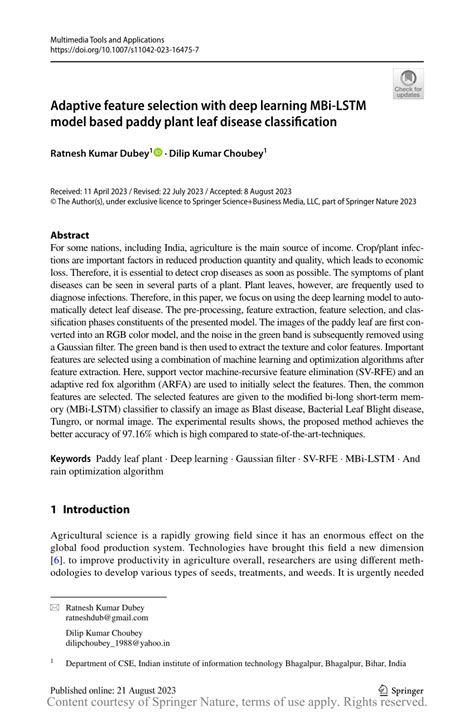 Adaptive Feature Selection With Deep Learning Mbi Lstm Model Based Paddy Plant Leaf Disease