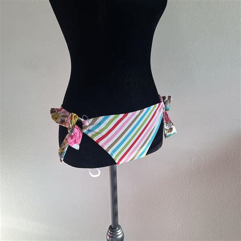 Striped Bikini Bottom With Floral Side Ties Brand Depop