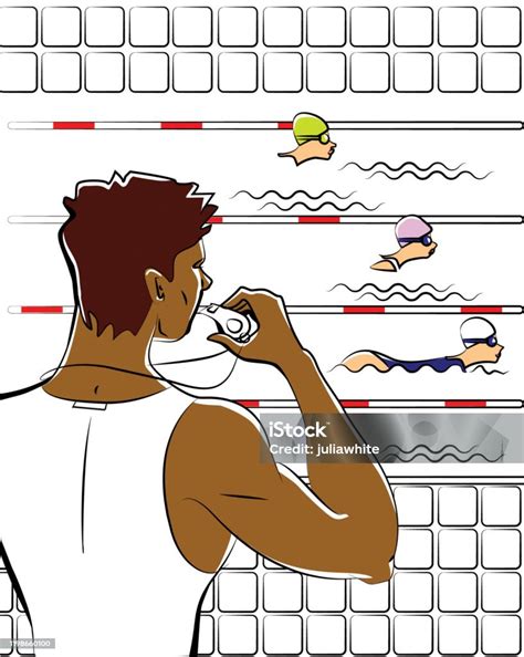 트레이너 구조대원 젊은 남자 휘파람 동안 3 수영 여자와 수영장을 보고 구조에 대한 스톡 벡터 아트 및 기타 이미지 구조 수영장 스포츠 경기장 인명 구조원 Istock