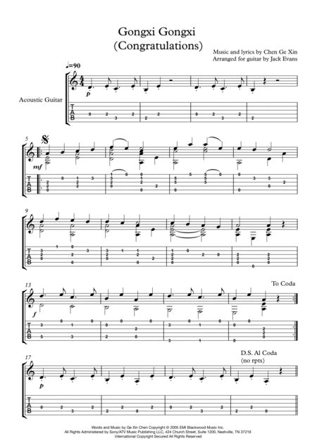 Gong Xi Gong Xi Arr Jack Evans By Gen Ge Xin Sheet Music For Guitar