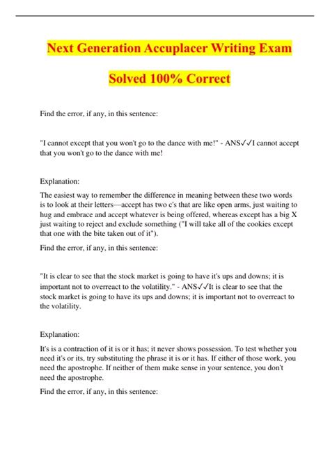Next Generation Accuplacer Writing Exam Solved 100 Correct Accuplacer Stuvia Us