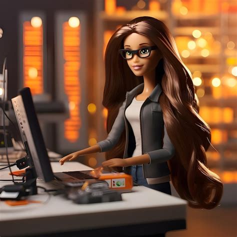 Premium Ai Image Young With Long Brown Hair Barbie In Front Of A Computer At Work