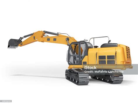 그림자가 있는 흰색 배경에 제기 된 버킷 3d 렌더링개념 건설 장비 유압 크롤러 굴삭기 개발에 대한 스톡 사진 및 기타 이미지 개발 건설 현장 농업 기계 Istock