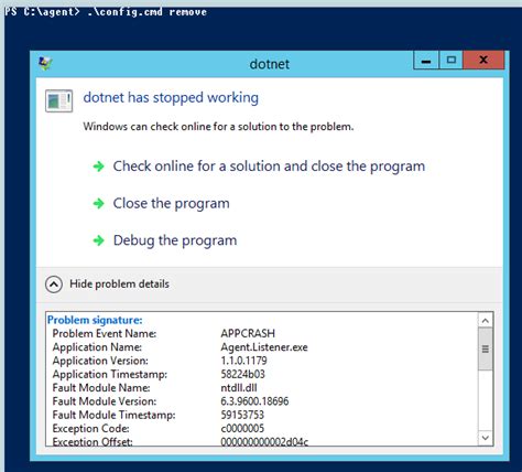 Net Vsts Agent Issue Dotnet Has Stopped Working Stack Overflow