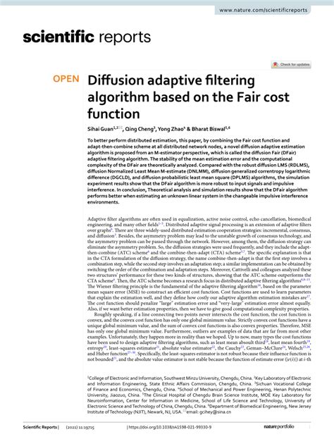Pdf Diffusion Adaptive Filtering Algorithm Based On The Fair Cost Function