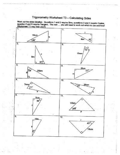 Trigonometry Worksheet T3 Calculating Sides