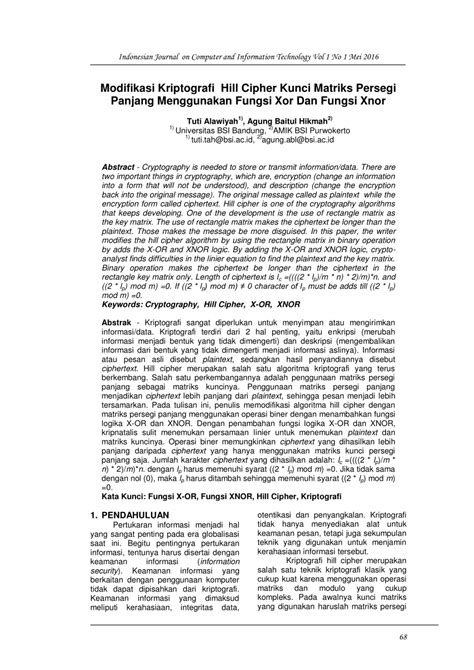 Pdf Modifikasi Kriptografi Hill Cipher Kunci Matriks Persegi Panjang Menggunakan Fungsi Xor