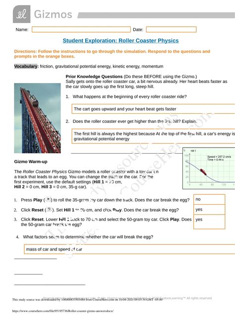 Gizmo Student Exploration Roller Coaster Physics Questions And Answers