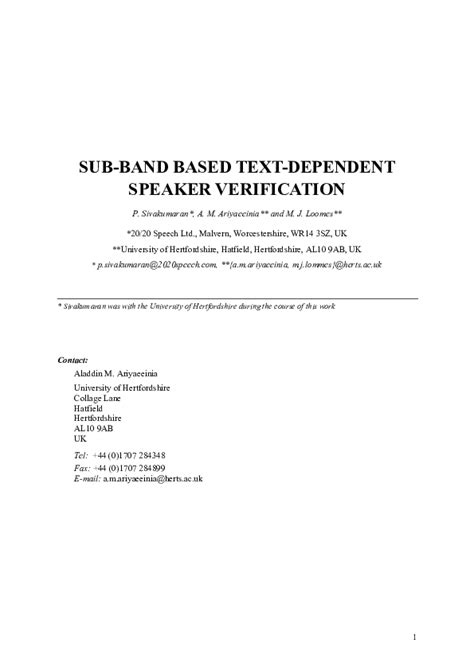 Pdf Subband Based Text Dependent Speaker Verification