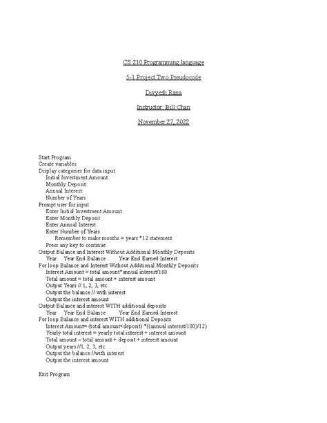 Psuedocode Project 2 Coursework Cs 210 Programming Language 5 1 Project Two Pseudocode