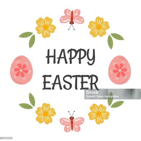 해피 부활절 레이블 꽃과 달걀의 화환과 배지 부활절 휴일 그려진 달걀 상징 라운드 스티커 선물 패키지 인사말 카드 초대장을위한 꽃 프레임 0명에 대한 스톡 벡터 아트 및