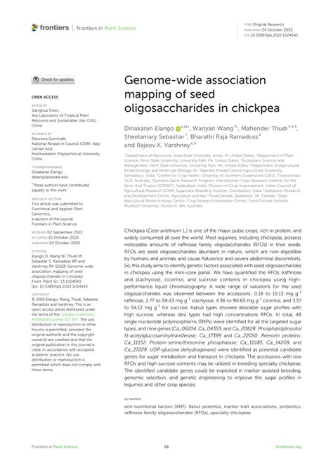 Pdf Genome Wide Association Mapping Of Seed Oligosaccharides In Chickpea