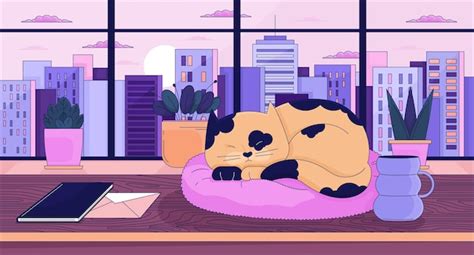 잠자는 고양이 Lofi 벽지가 있는 도시 풍경 일몰 아늑한 책상 직장 테이블 고양이 졸린 2d 캐릭터 만화 평면 그림 Hygge