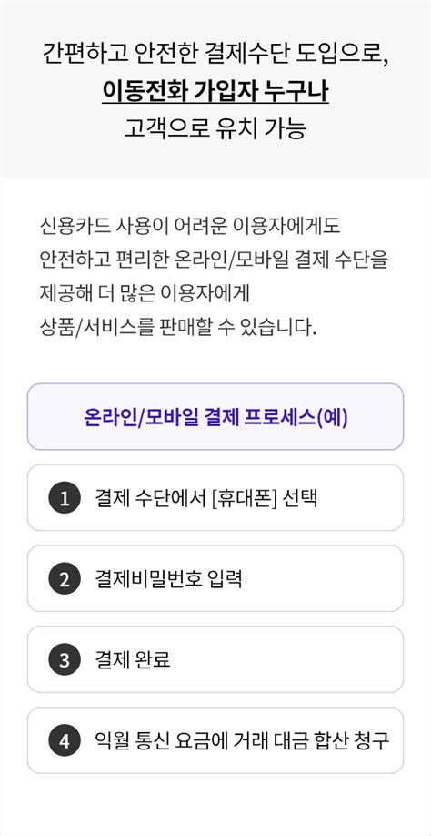 간편하고 안전한 결제수단 도입으로 이동전화 가입자 누구나 고객으로 유치 가능 신용카드 사용이 어려운 이용자에게도 안전하고 편리한 온라인모바일 결제 수단을 제공해 더