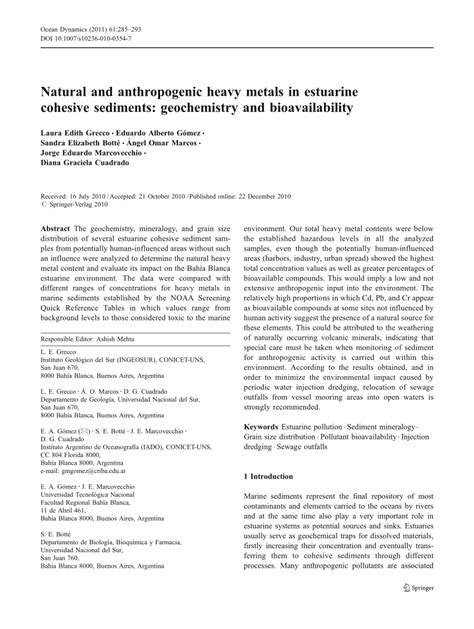 Pdf Natural And Anthropogenic Heavy Metals In Estuarine Cohesive Sediments Geochemistry And