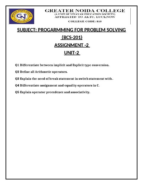 Programming For Problem Solving Assignment 1 Type Conversion