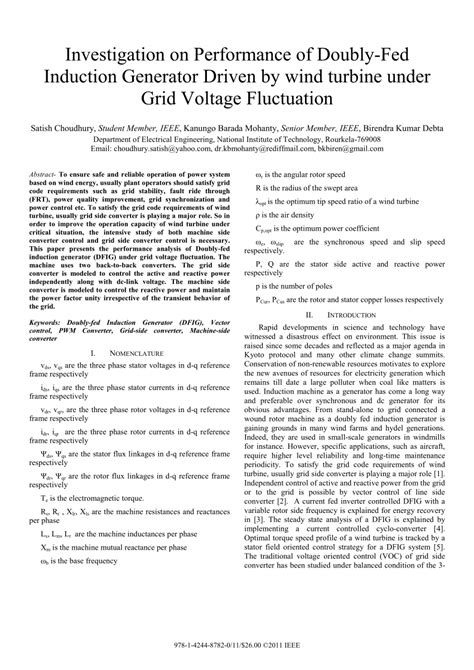 Pdf Investigation On Performance Of Doubly Fed Induction Generator Driven By Wind Turbine