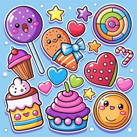 Premium Vector Cute Kawaii Stickers With Candy And Cupcakes