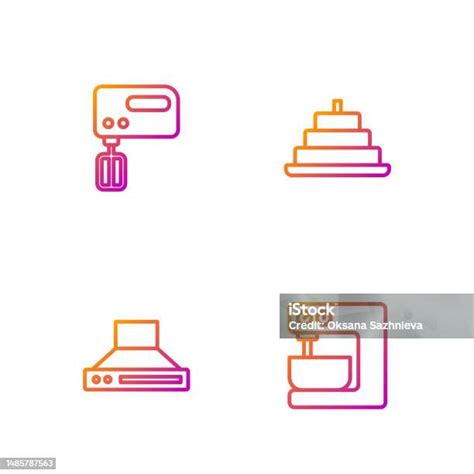 세트 라인 전기 믹서 주방 추출기 팬 및 불타는 촛불이 있는 케이크 그라데이션 색상 아이콘입니다 벡터 가정 생활에 대한 스톡