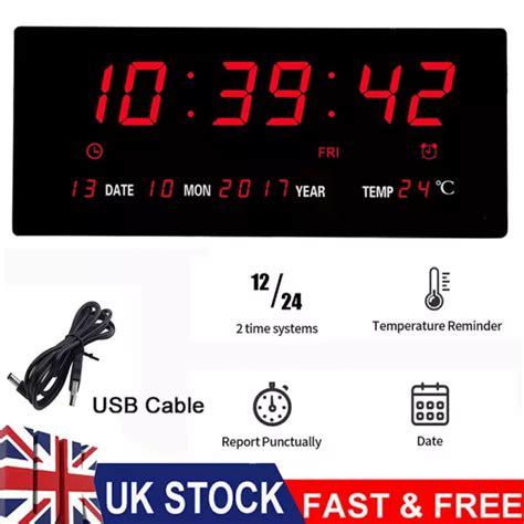 Large Jumbo Digital Led Wall Clock Desk Alarm Calendar Temperature