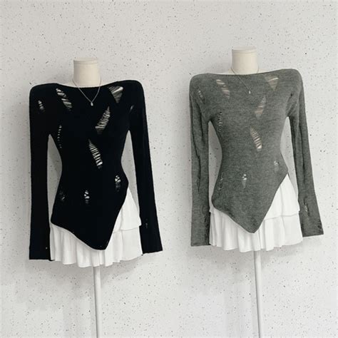 빈티지무드 Y2k 가을 입술넥 보트넥 트임 헤짐 데미지 그물 나팔 언발 긴팔 니트 4color 에이블리