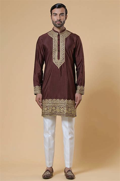 Brown Chikankari Silk Kurta Set By Aditya Sachdeva Men At Pernias Pop