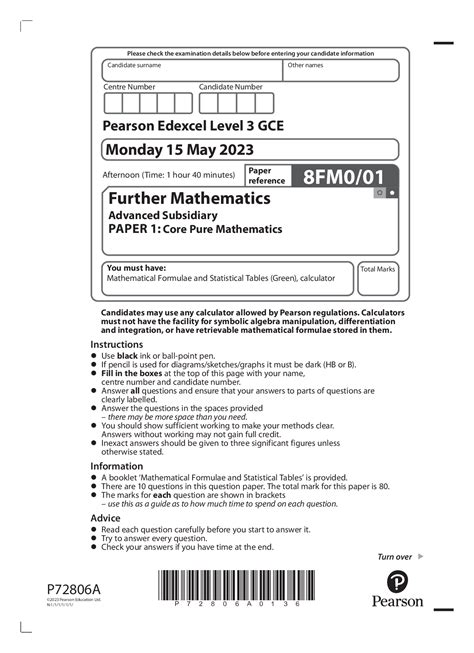 Pearson Edexcel As Level Further Maths Paper 1 Core Pure Mathematics June 2023 Question Paper