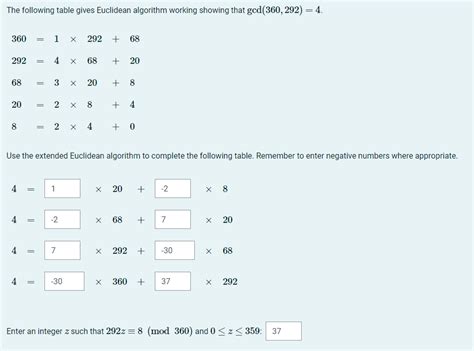 The Following Table Gives Euclidean Algorithm StudyX