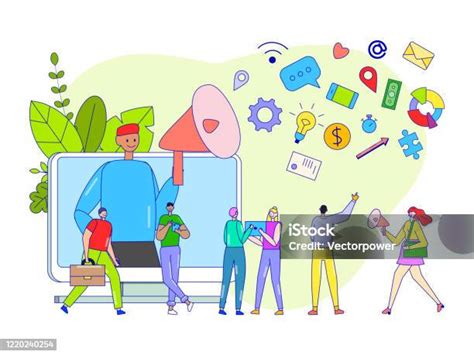 미디어 마케팅 컨셉 소셜 네트워크 프로모션 작은 사람들 만화 캐릭터 벡터 일러스트레이션 개념에 대한 스톡 벡터 아트 및 기타