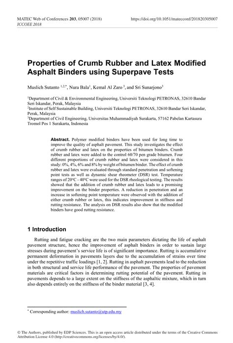 Pdf Properties Of Crumb Rubber And Latex Modified Asphalt Binders Using Superpave Tests