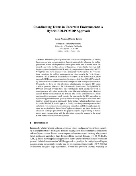 Pdf Coordinating Teams In Uncertain Environments A Hybrid Bdi Pomdp