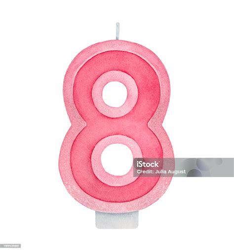 파스텔 핑크 넘버 8촛불의 수채화 그림 실버 불꽃으로 장식 하나의 개체입니다 손으로 그린 물 색깔 그림 디자인 초대 카드 배너 클립 아트 요소를 잘라 0명에 대한 스톡 벡터